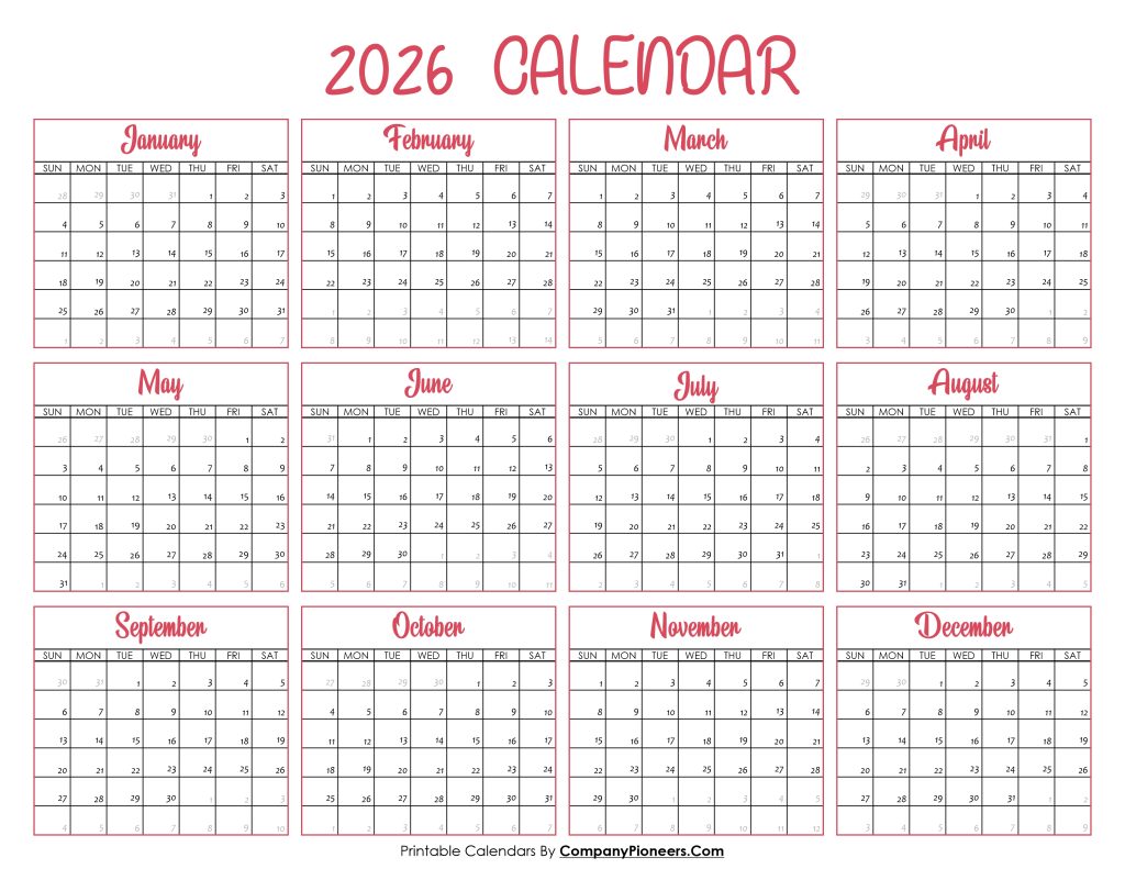 2026 Yearly Calendar - Time Saver Solutions