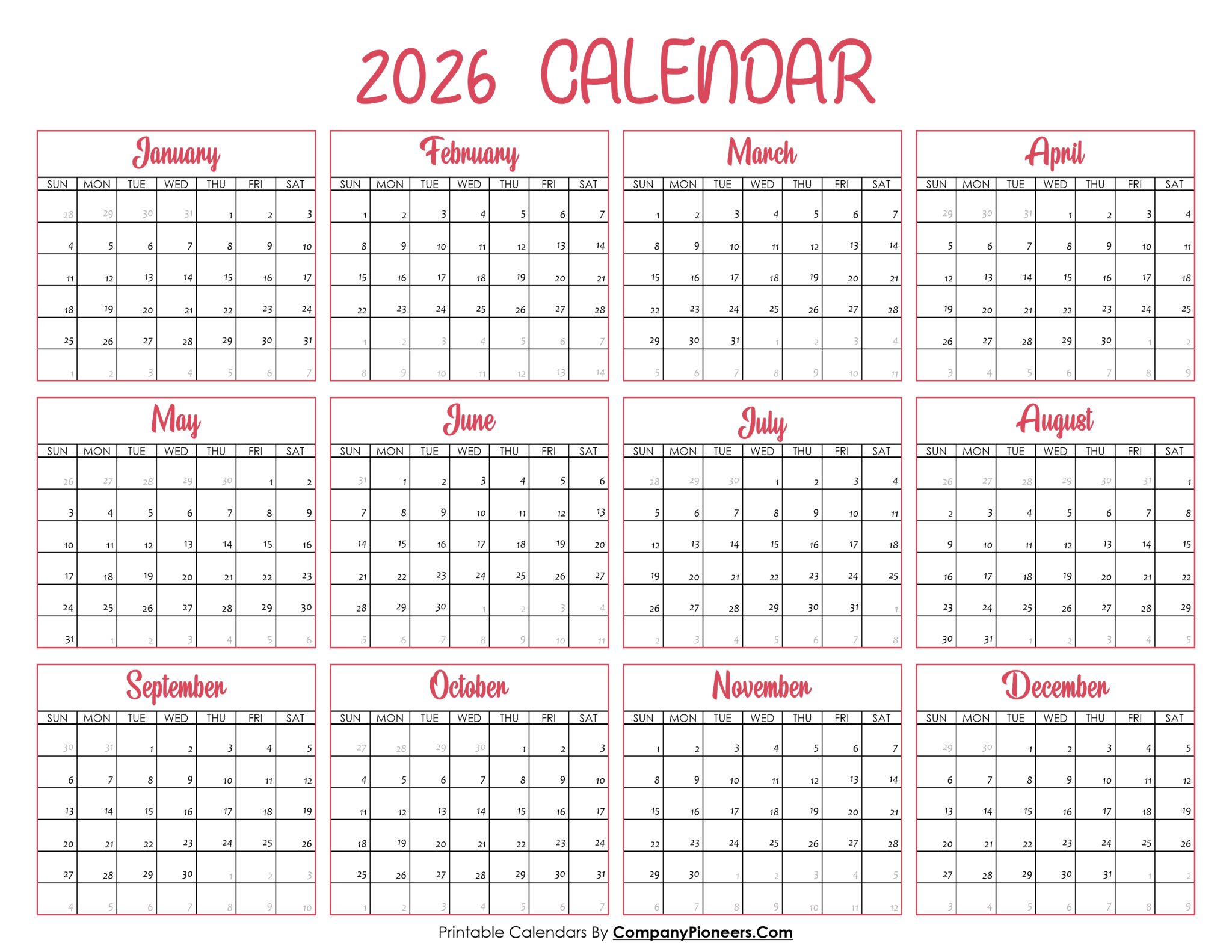 2026 Yearly Calendar - Time Saver Solutions