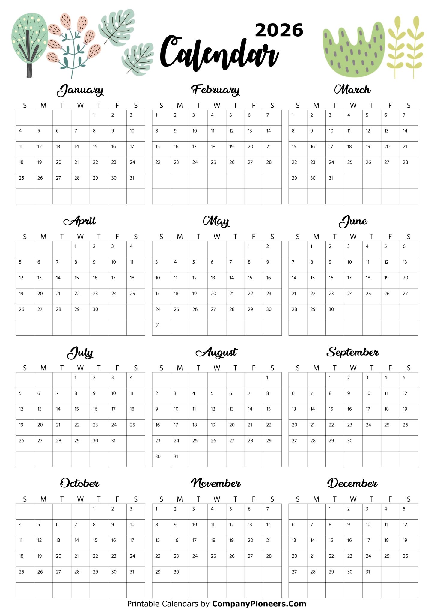 2026 Yearly Calendar - Time Saver Solutions