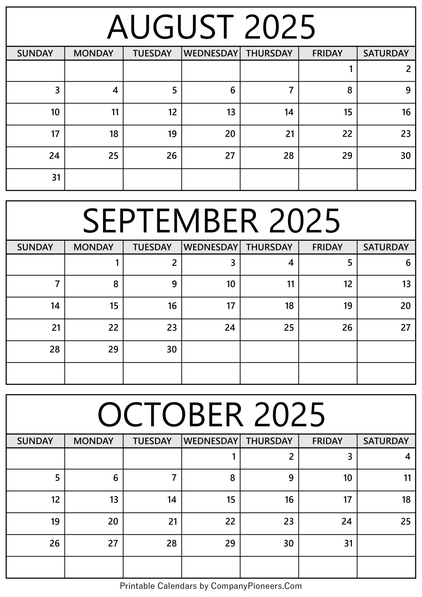 August September October 2025 Calendar Printable - Template