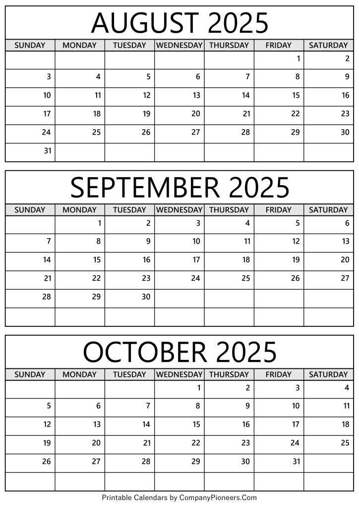 August September October 2025 Calendar Printable - Template