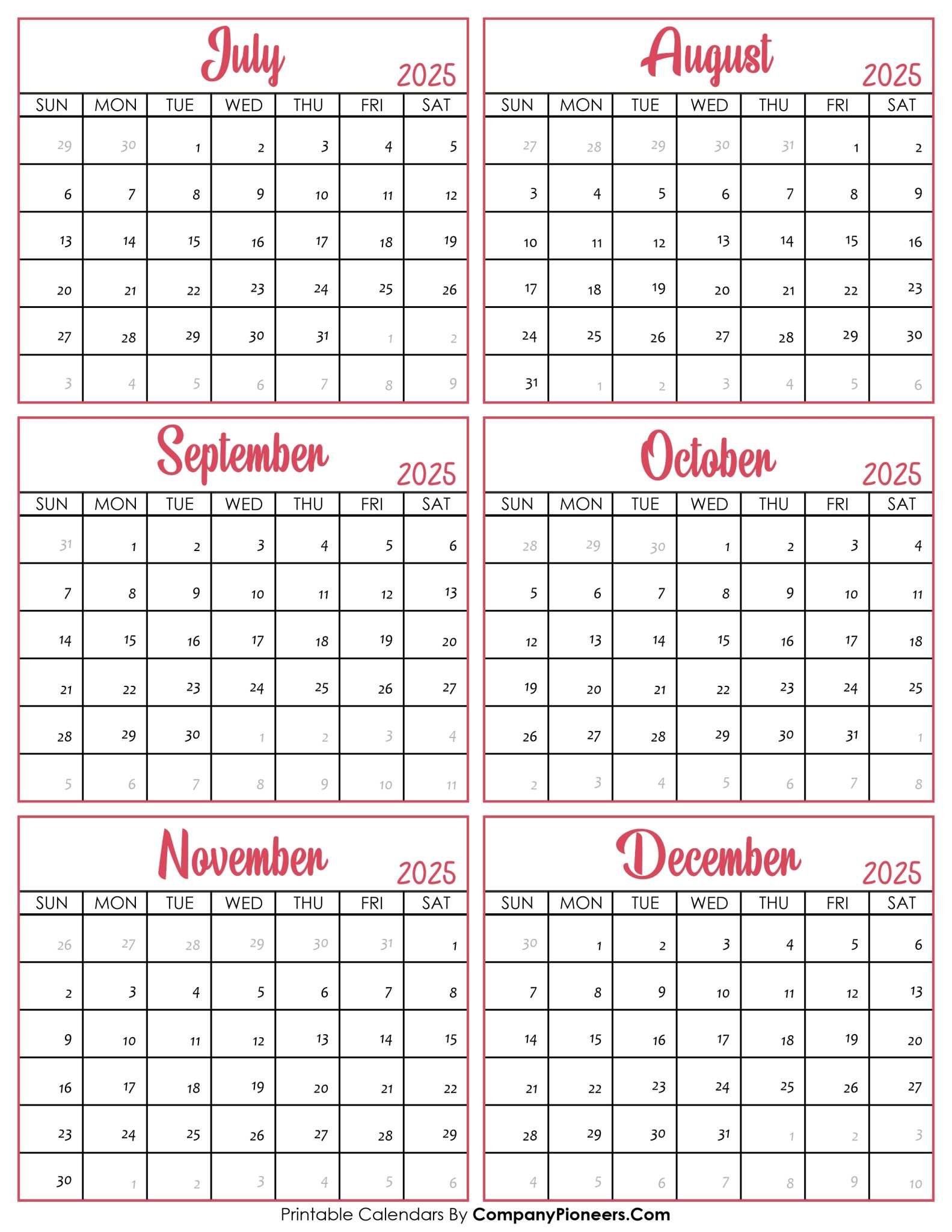 July to December 2025 Calendar - Template