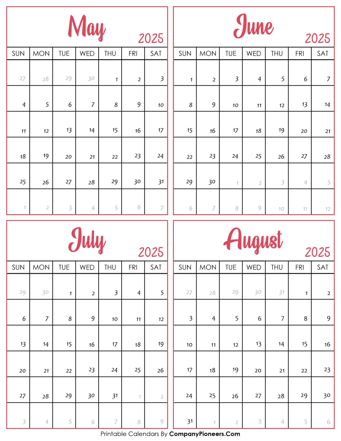 May to August 2025 Calendar Printable - Template
