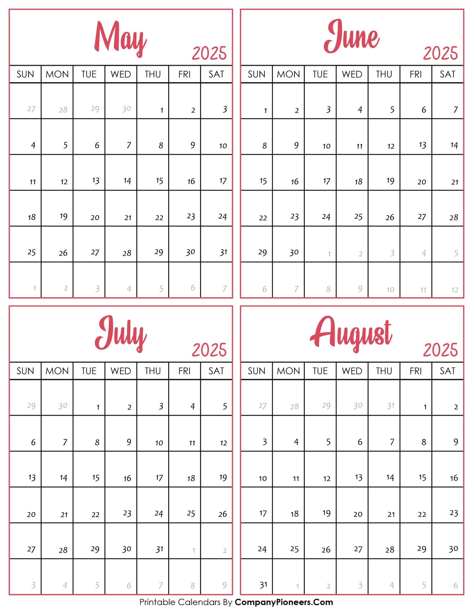 May to August 2025 Calendar Printable - Template
