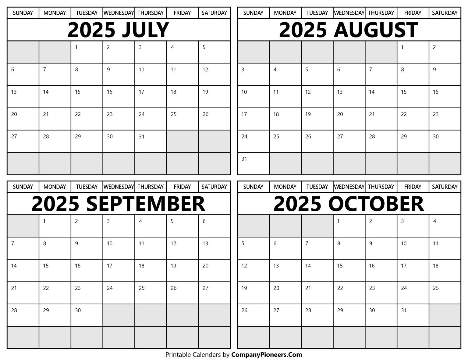 July to October 2025 Calendar Printable - Template