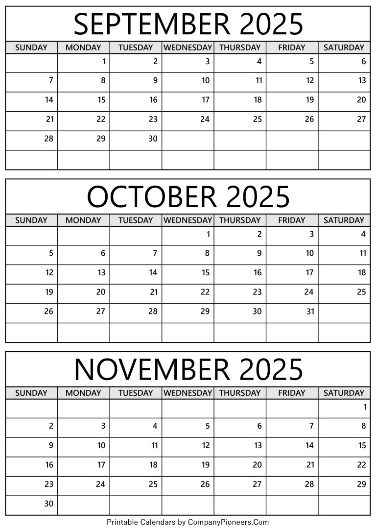 September October November 2025 Calendar Printable - Template