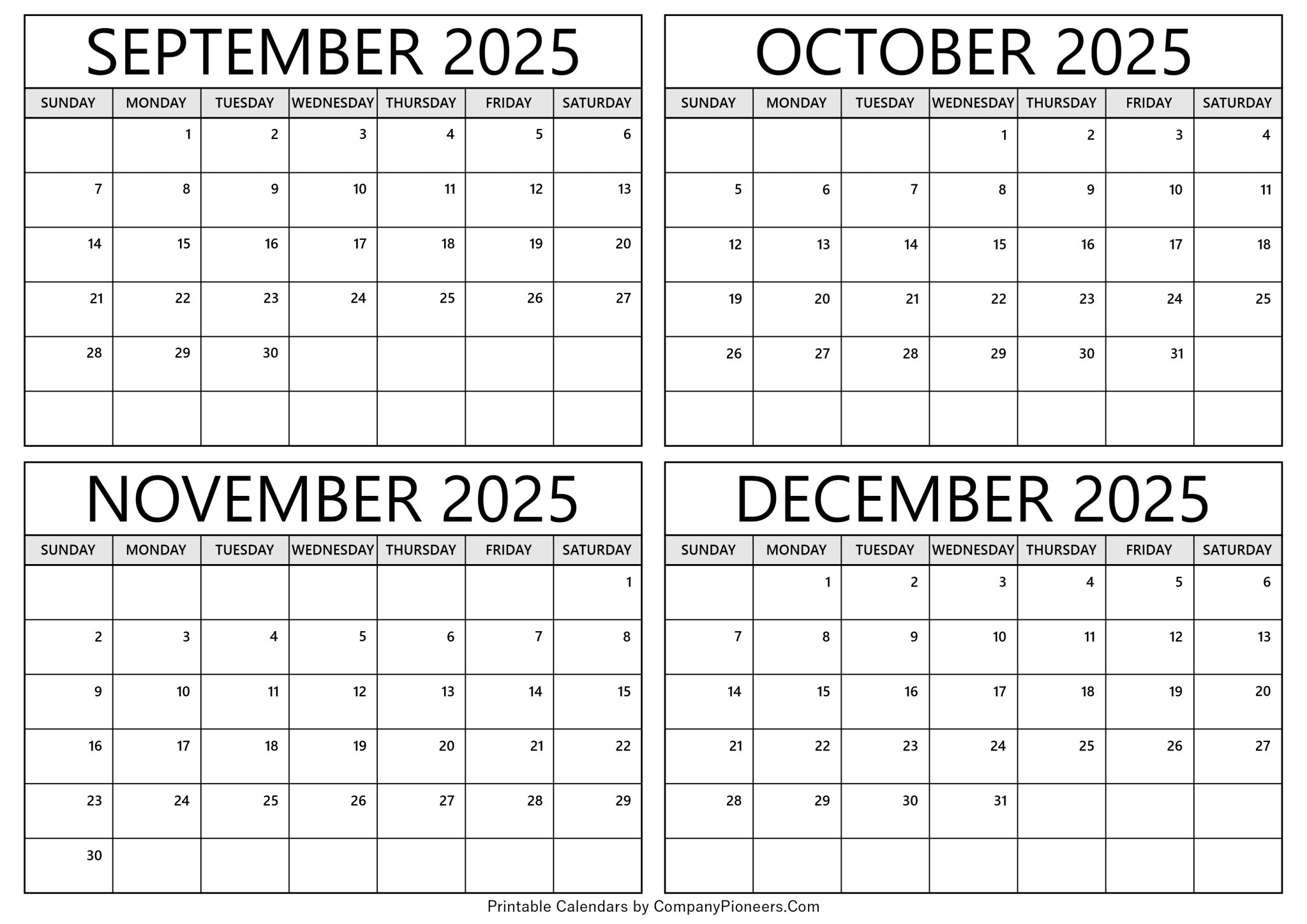 September to December 2025 Calendar Printable - Template