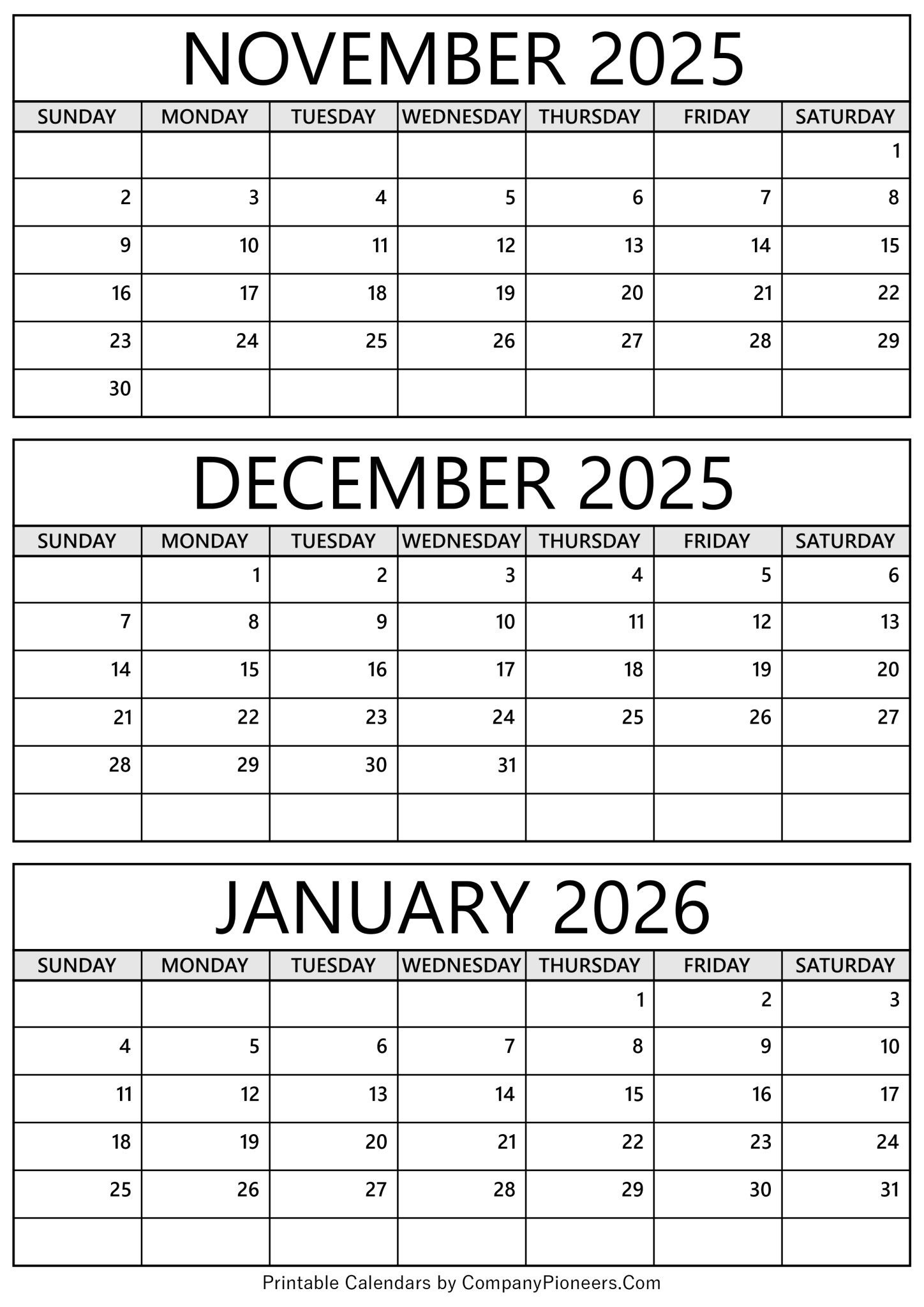 November December 2025 January 2026 Calendar Printable - Template